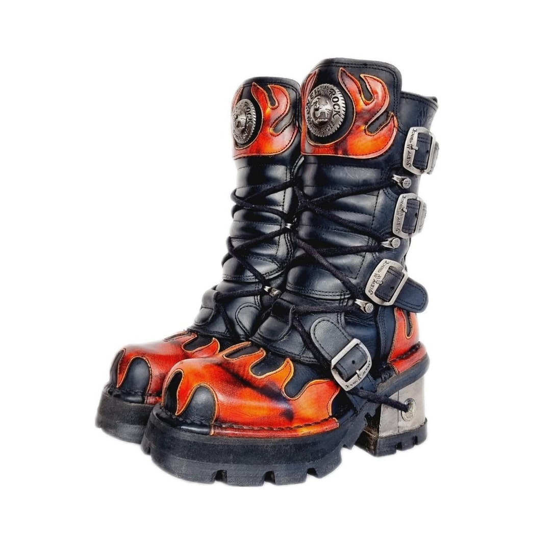 EU 38 / UK 5 New Rock Boots Red and Black Leather Buckled - Etsy