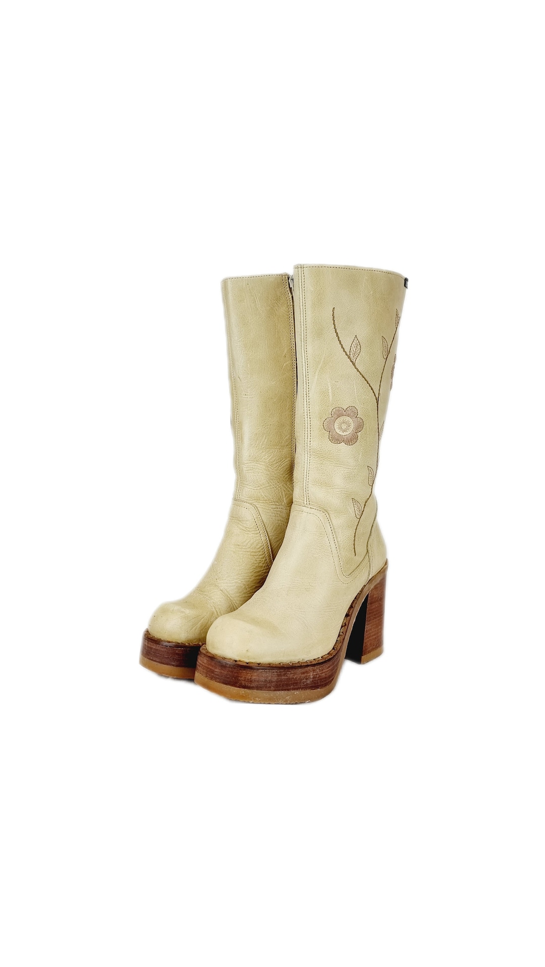 EU 40 / UK 7 Vintage Destroy Boots - Knee High Beige Cream Leather and ...