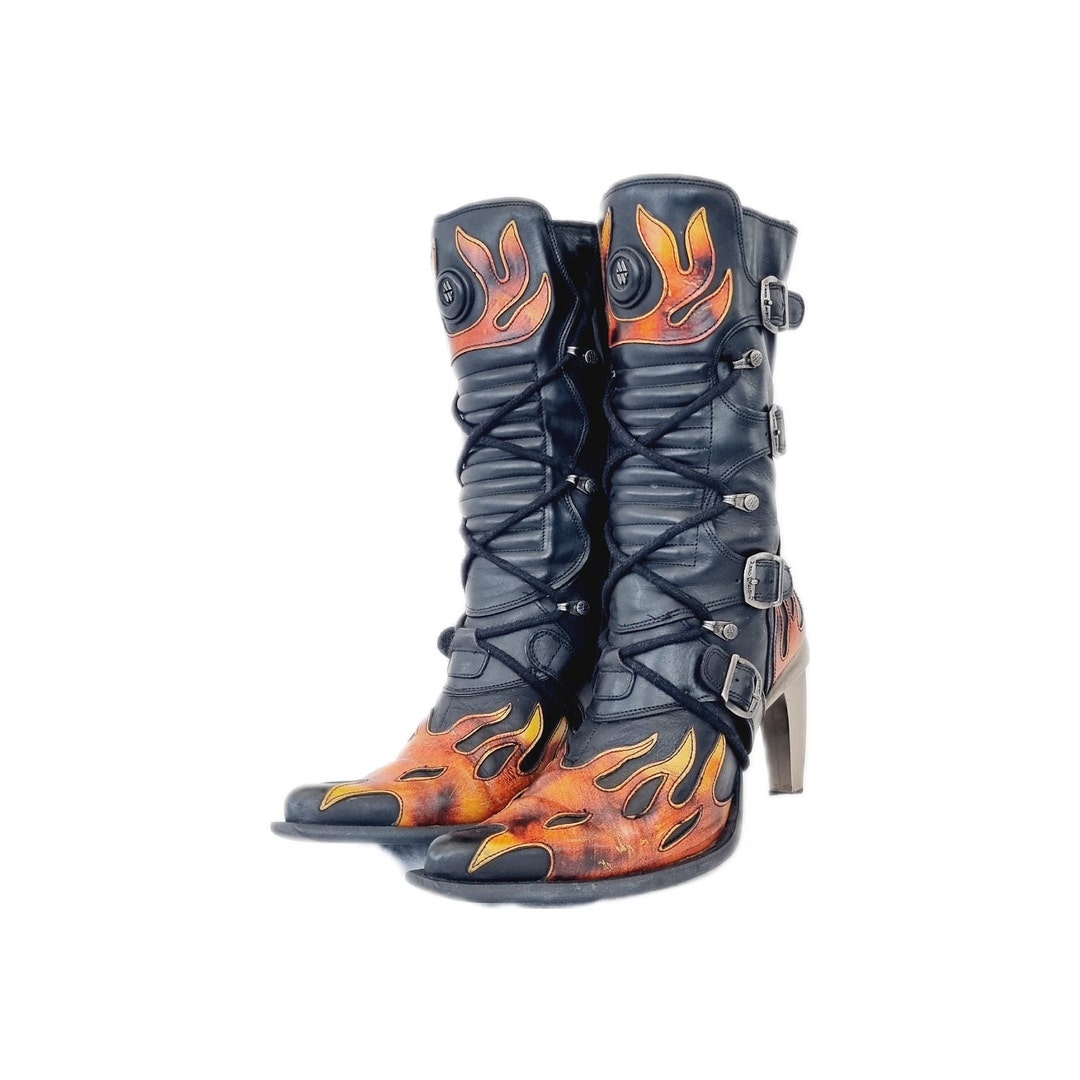 EU 39 / UK 6 Flame Fire Leather Black and Red New Rock Stiletto Heeled ...