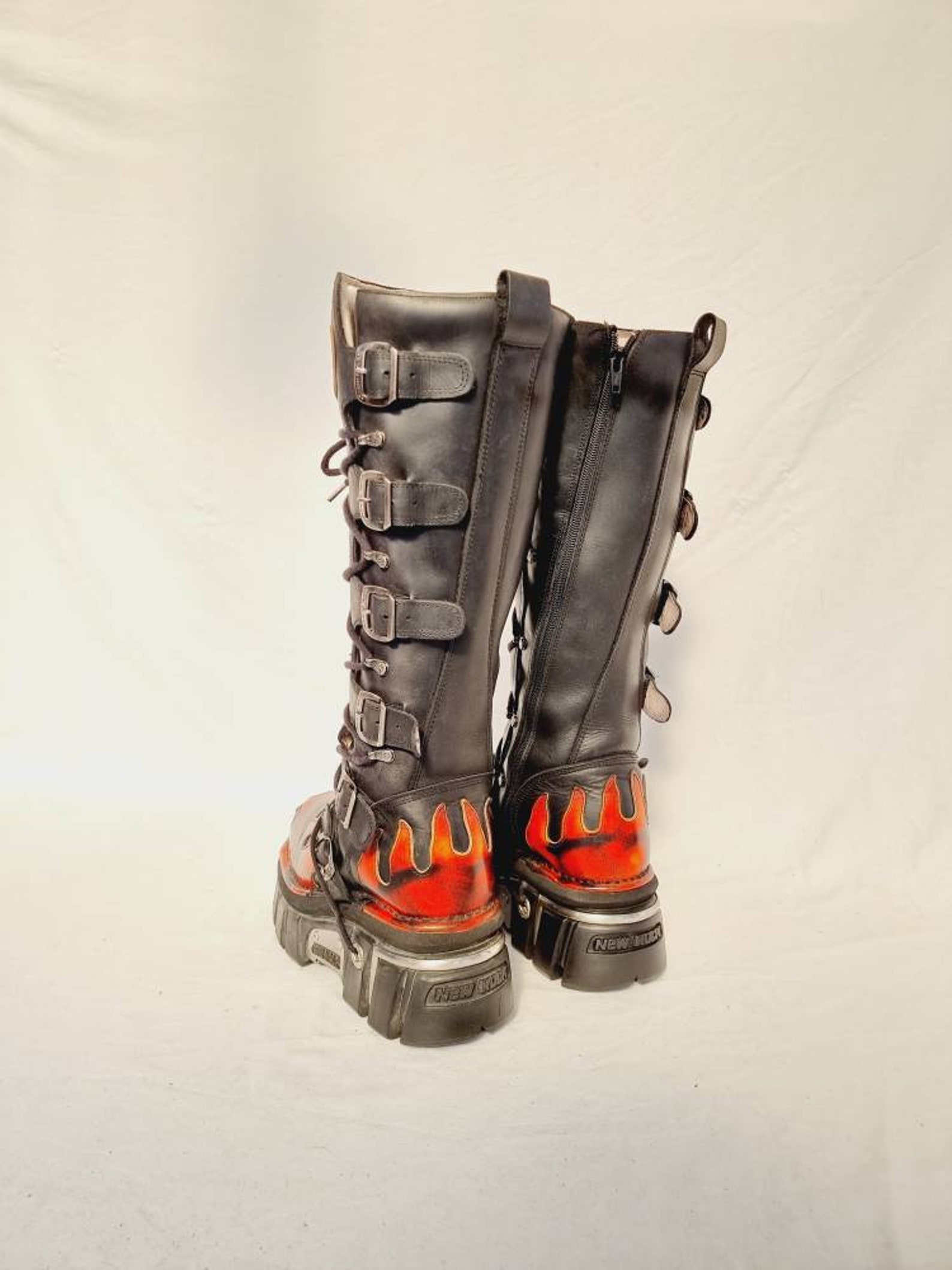 EU 42 Knee High New Rock Boots Black and Red Flame Design - Etsy