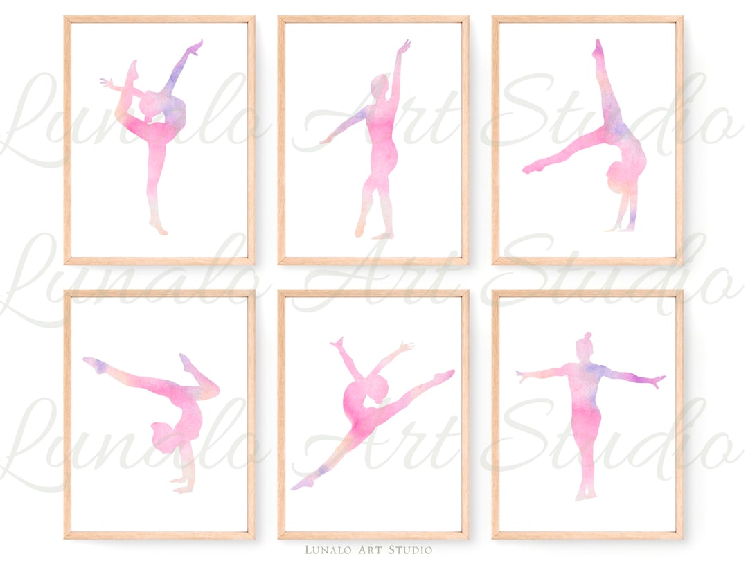 Set of 6 Gymnastics Wall Art, Pink Gymnast Printable Wall Art ...