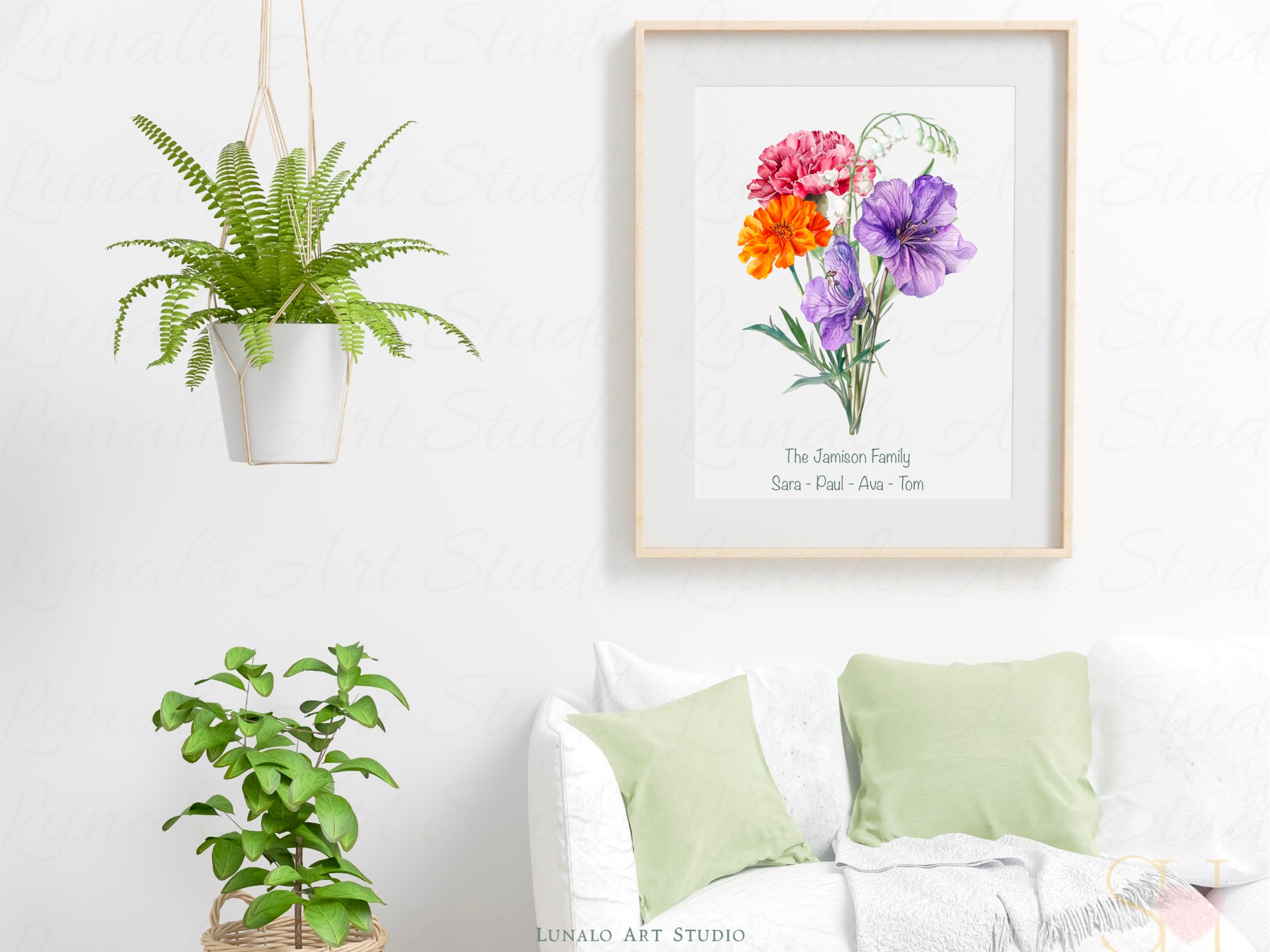 Family Birth Month Flower Bouquet, Birth Month Flower Wall Art, Hand ...