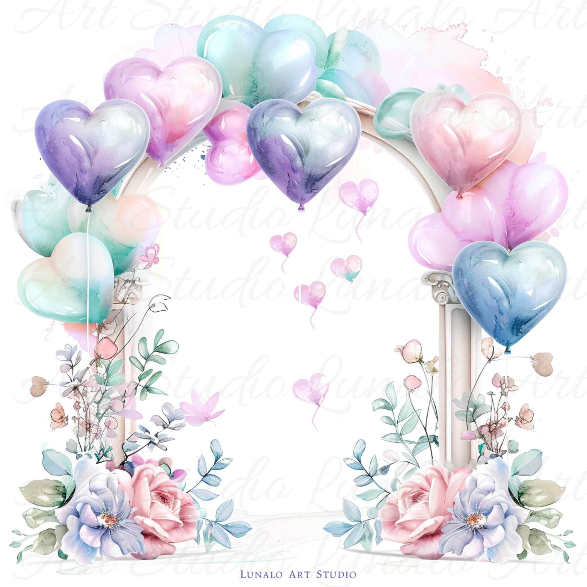 Pastel Balloon Arch Clipart: 10 Watercolour Heart & Floral Designs for ...