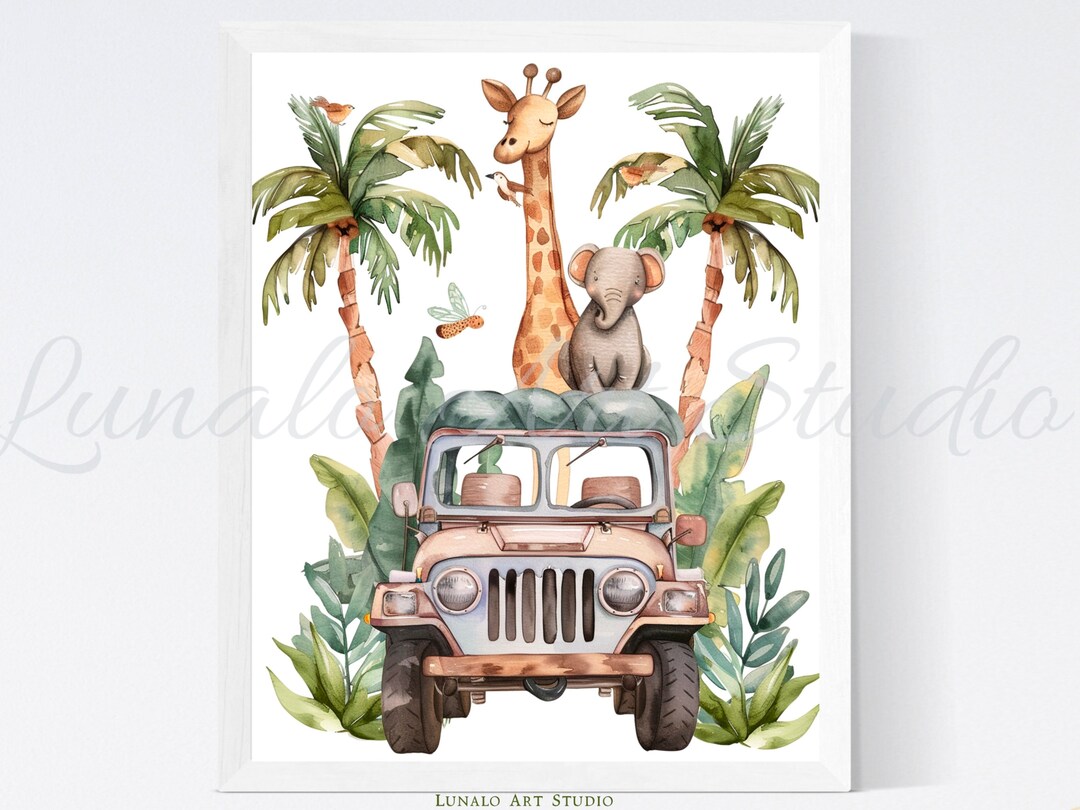 Jungle Jeep Animal Nursery Print, Nursery Decor, Safari, Jungle, Animal ...