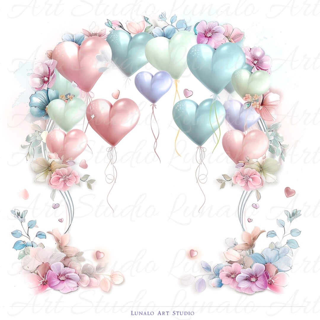 Pastel Balloon Arch Clipart: 10 Watercolour Heart & Floral Designs for ...
