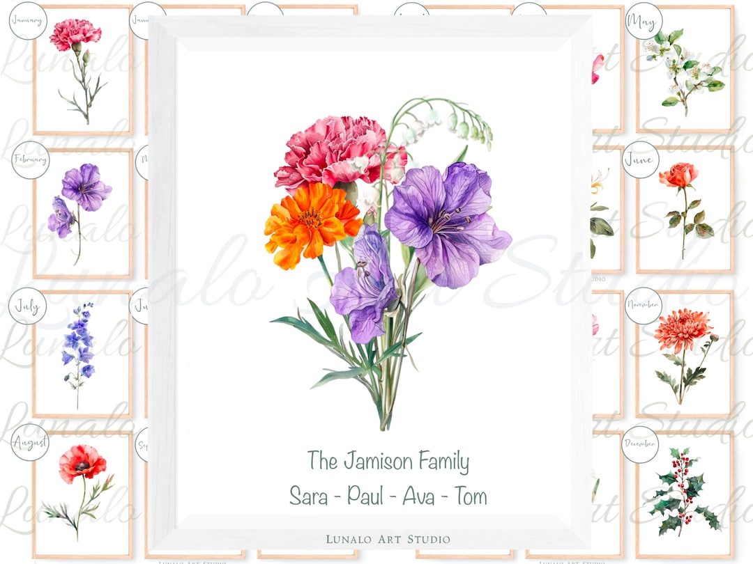 Family Birth Month Flower Bouquet, Birth Month Flower Wall Art, Hand ...