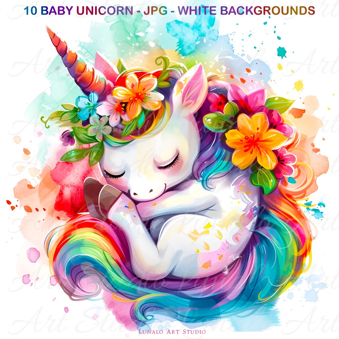 10 Baby Unicorn Watercolor Clipart, Baby Unicorn, Rainbow Unicorn Clip ...