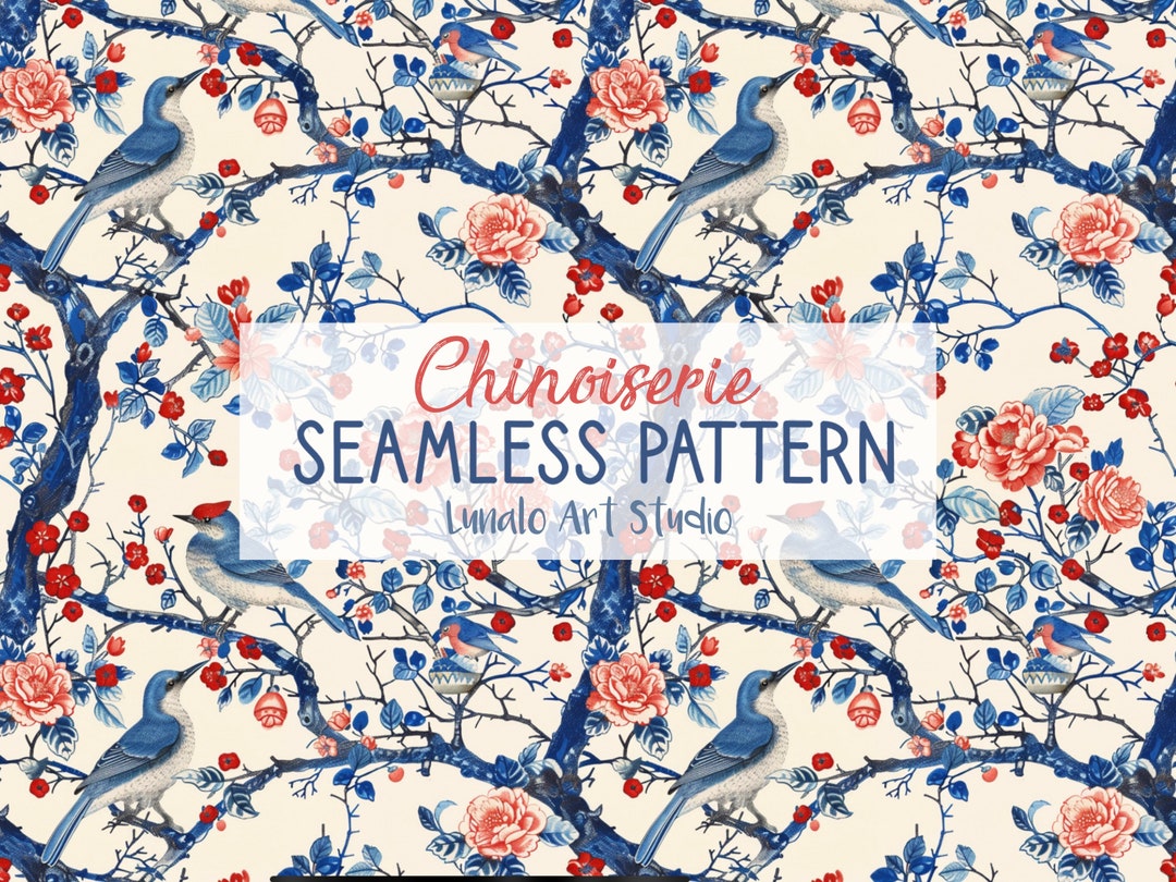 Chinoiserie Seamless Pattern, Red and Blue Chinoiserie, Surface Pattern ...