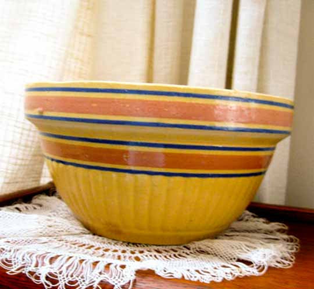 Vintage Red Wing Mixing Bowl Yellow Ware Pink Blue Bands Batter Bowl ...