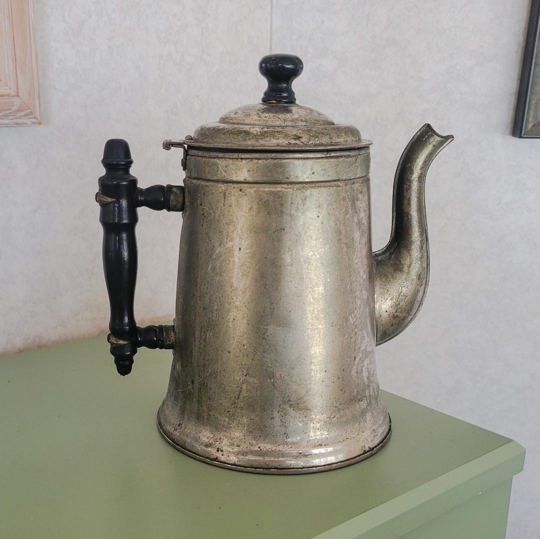 Rustic Coffee Pot 1950s Tin Clad Copper Wood Handle Gooseneck Spout ...