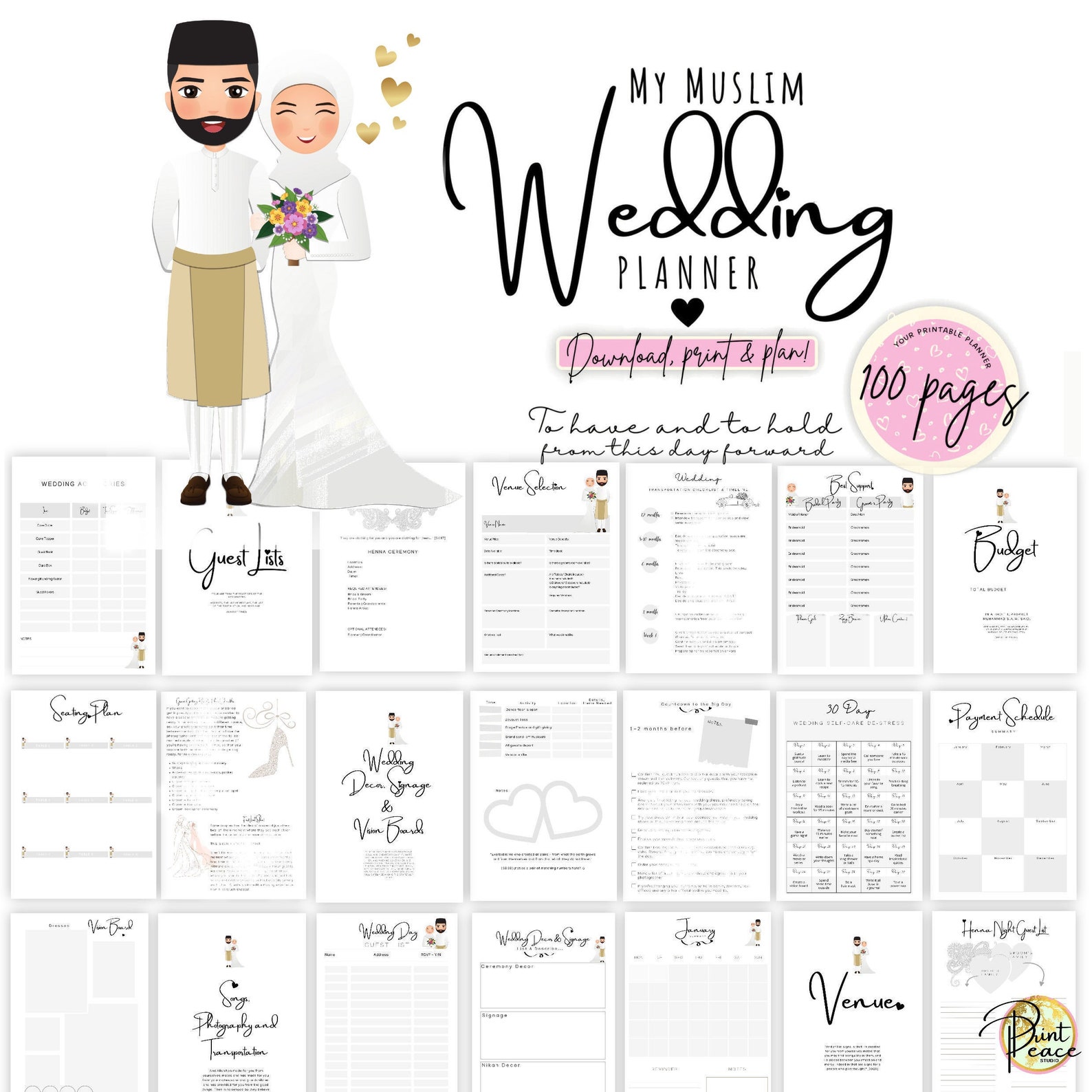 Cute Couple Muslim Wedding Planner | Printable Wedding Organizer ...