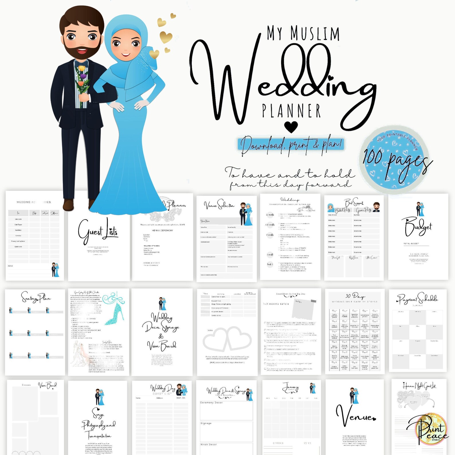 Blue Muslim Wedding Planner | Hijab Bride Wedding Organizer | Printable ...