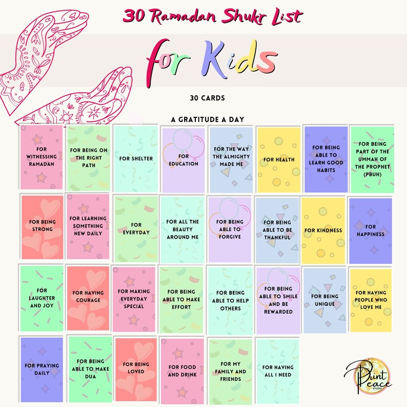 30 Ramadan Shukr Cards / Kids Ramadan Activity / Ramadan Printable ...