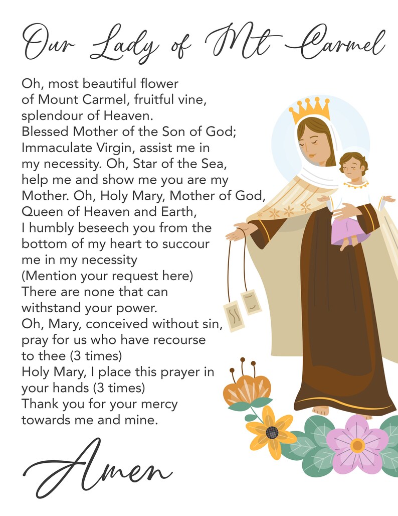 Our Lady of Mount Carmel Prayer Printable / Catholic Nursery Decor / Baptism, First Communion ...