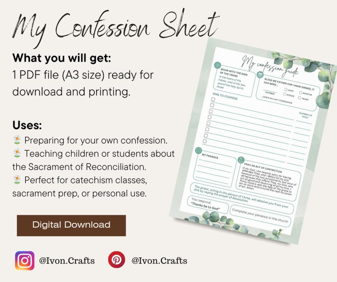 My Confession Guide Printable - Catholic Confession Sheet - Sacrament ...