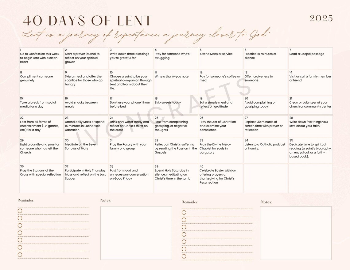 40 Days of Lent Printable | Lenten Challenge | Catholic Lent Calendar ...
