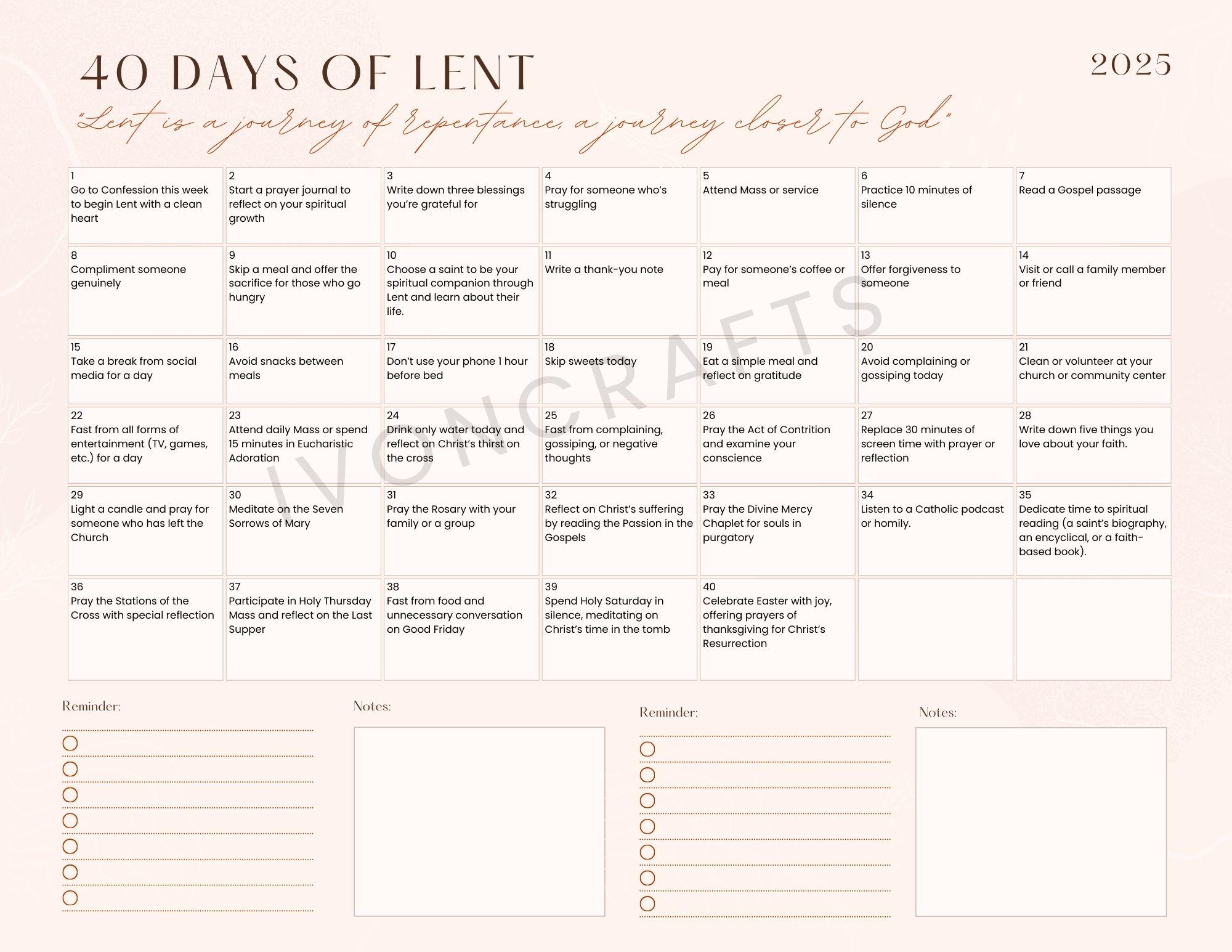 40 Days of Lent Printable | Lenten Challenge | Catholic Lent Calendar ...