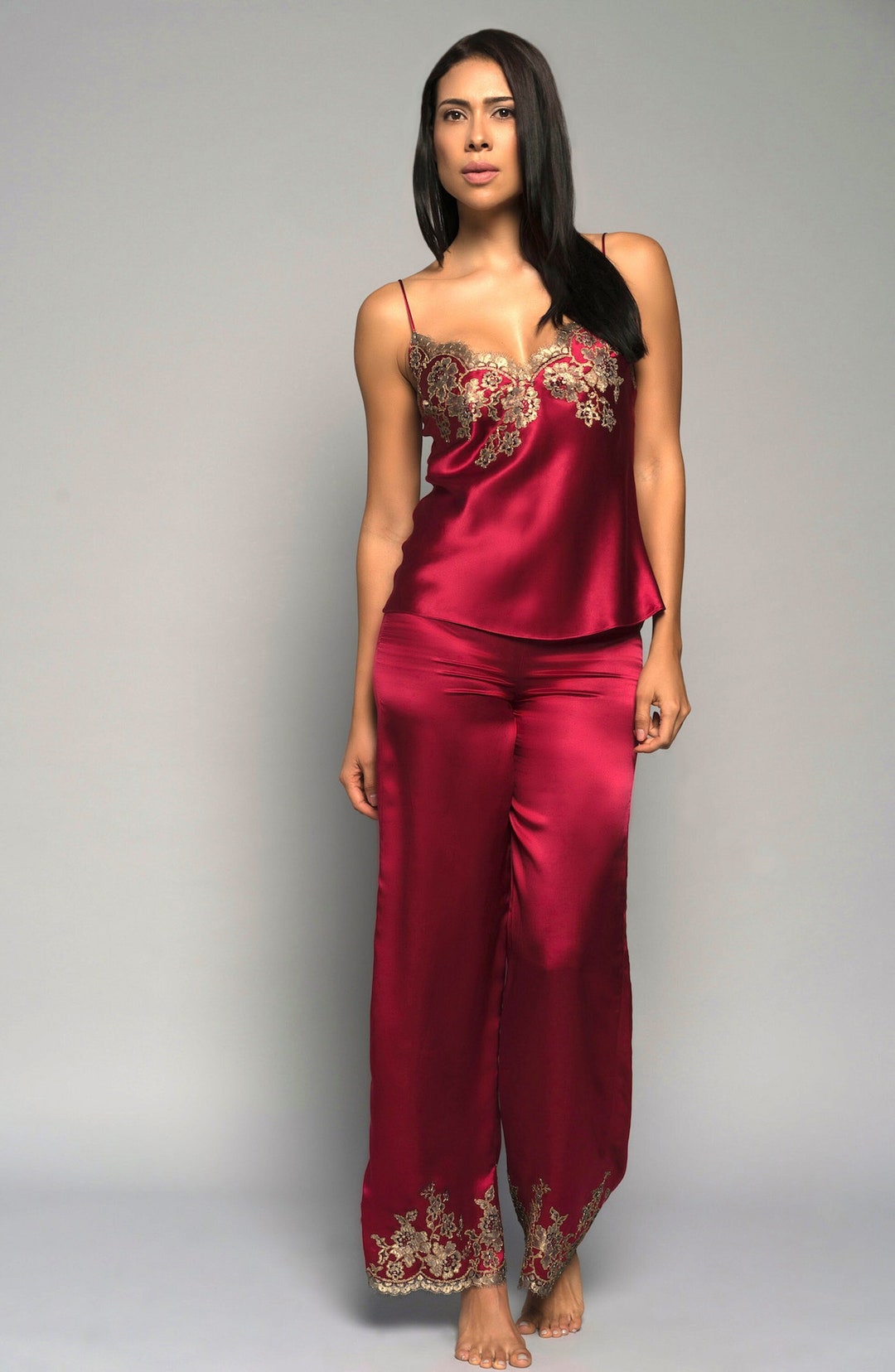 Cherry Red Silk Satin Pants, Handmade Luxury Loungewear, Couture ...