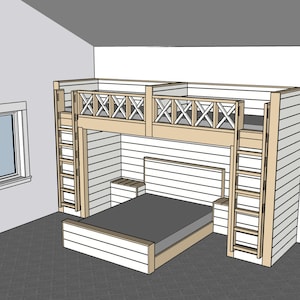 DIY Build Plans - Split Bunk Bed - Double Twin Upper/ Queen Lower ...