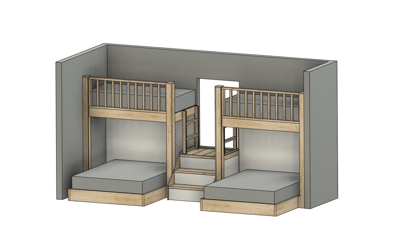 Twin Over Queen Quad Bunk Bed - Bunk Bed With Stairs - Bunk Bed With ...