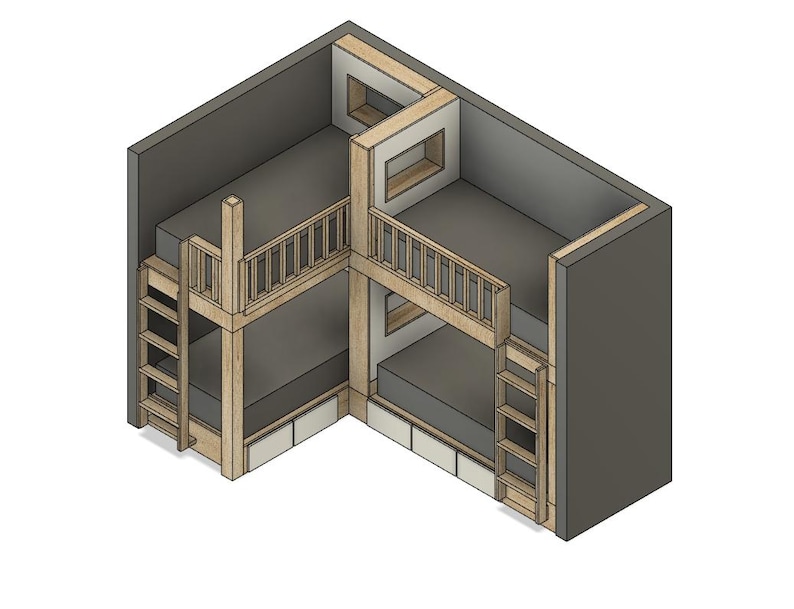 Twin XL Quad Bunk Bed DIY Build Plans: L-shaped Design With Storage ...