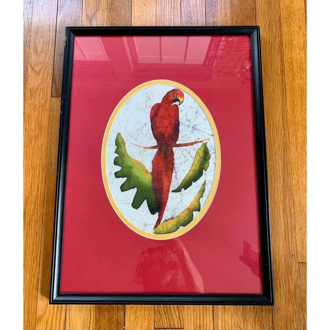 Vintage Framed Watercolor Tie-dye Parrot Artwork on Fabric in Red ...