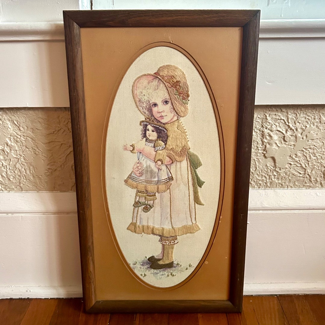 Vintage Handmade Girl With Doll Embroidered Crewel Framed Needlepoint, Jan Hagara - Etsy