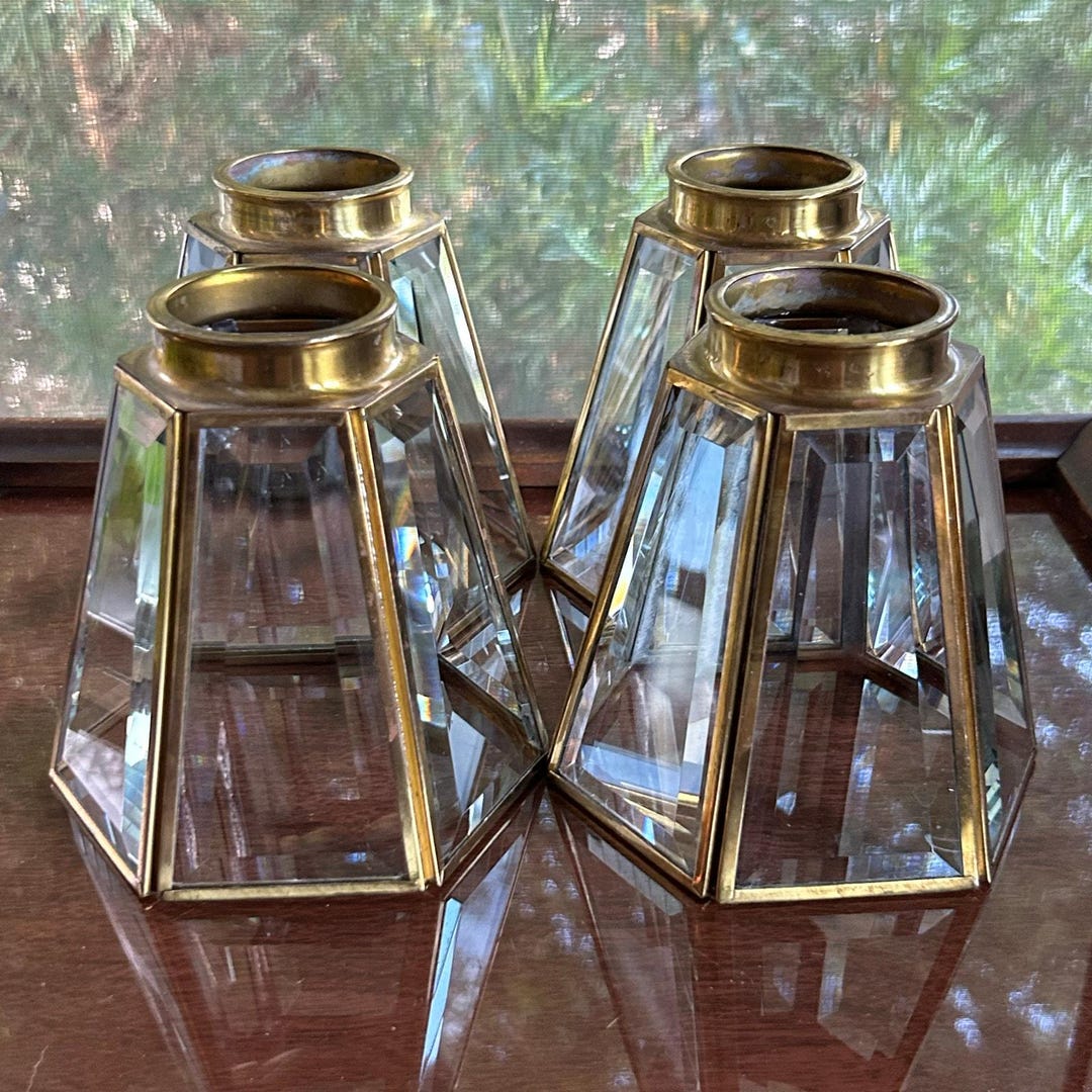 Set of 4 Faceted Glass & Brass Lamp Shades – 2” Fitter, 6-panel Design ...