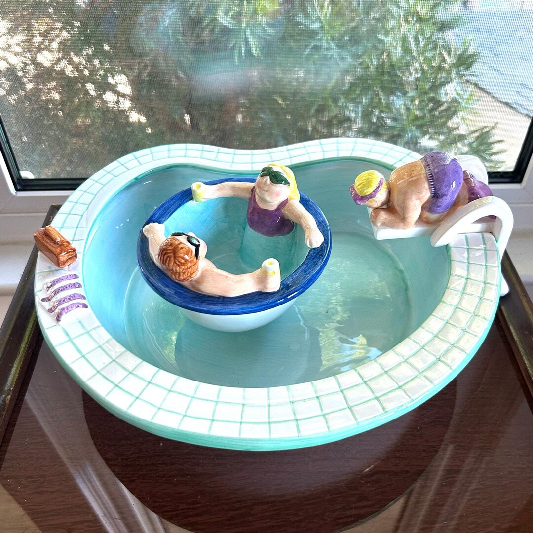 Vintage Lotus Pool Party Serving Bowl Figurines 1996 Ceramic Snack Bowl ...