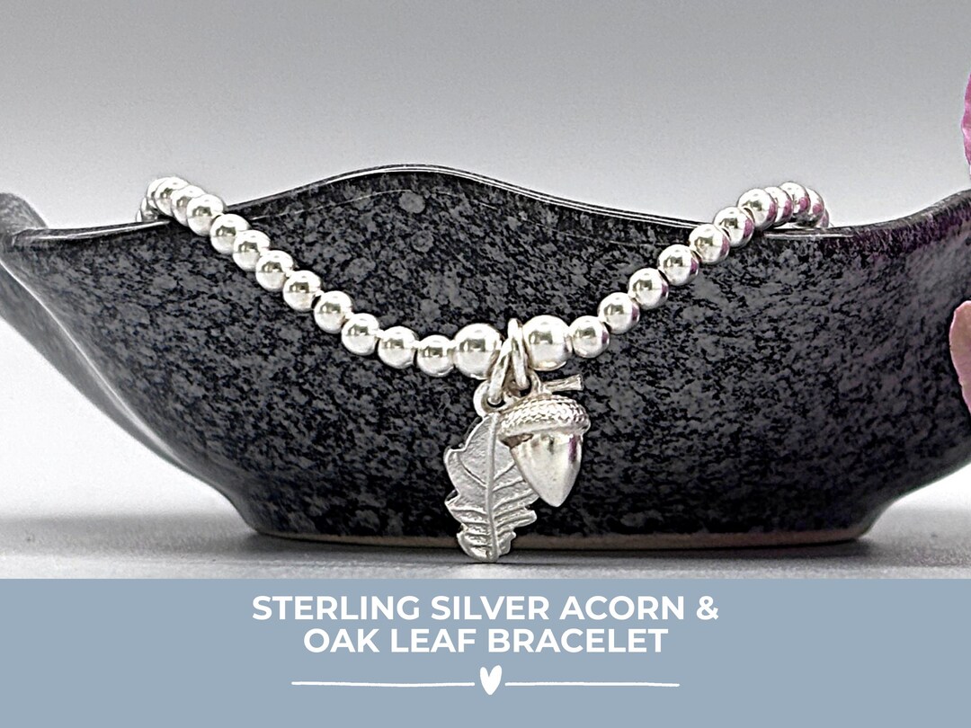 Sterling Silver Oak Leaf Acorn Bracelet, Silver Beaded Bracelet, Nature ...