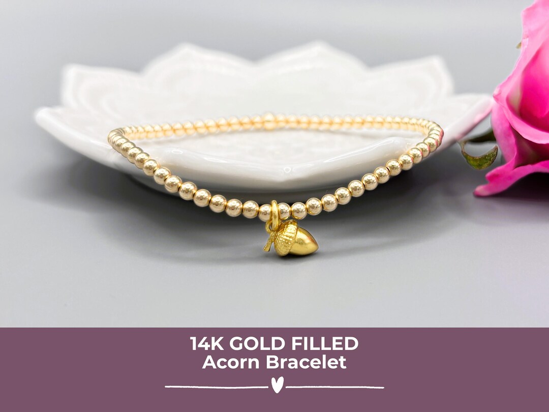 Gold Acorn Bracelet, 14k Gold Filled Beaded Bracelet, Nature Charm ...