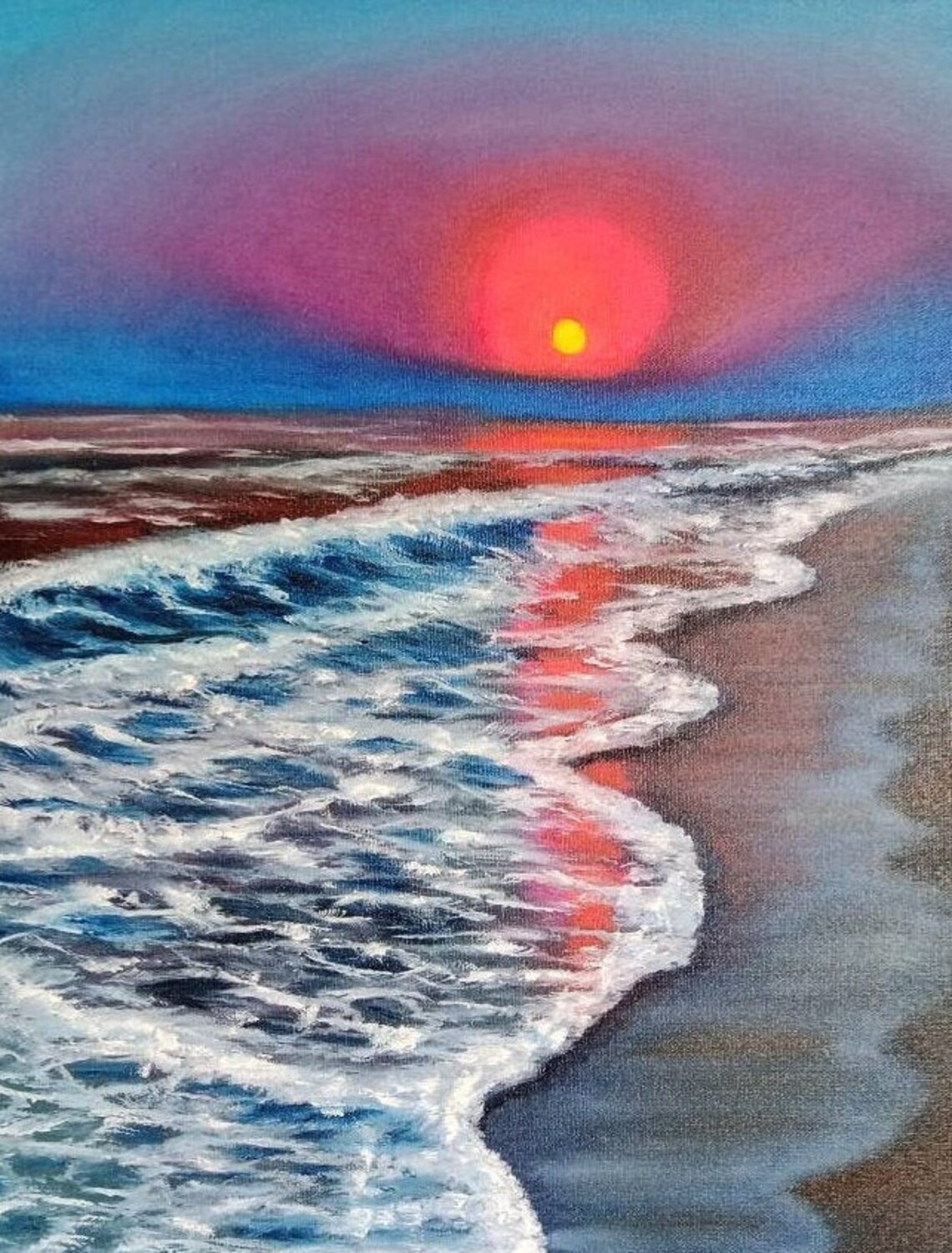 Sunset at Sea Painting Wall Art Sea Wave Red Sunset Original | Etsy