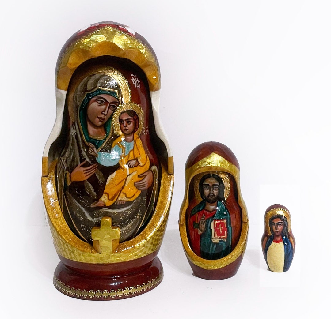 Religious Carved Matryoshka Doll of 5, Icon Carved Nesting Doll, 5 ...