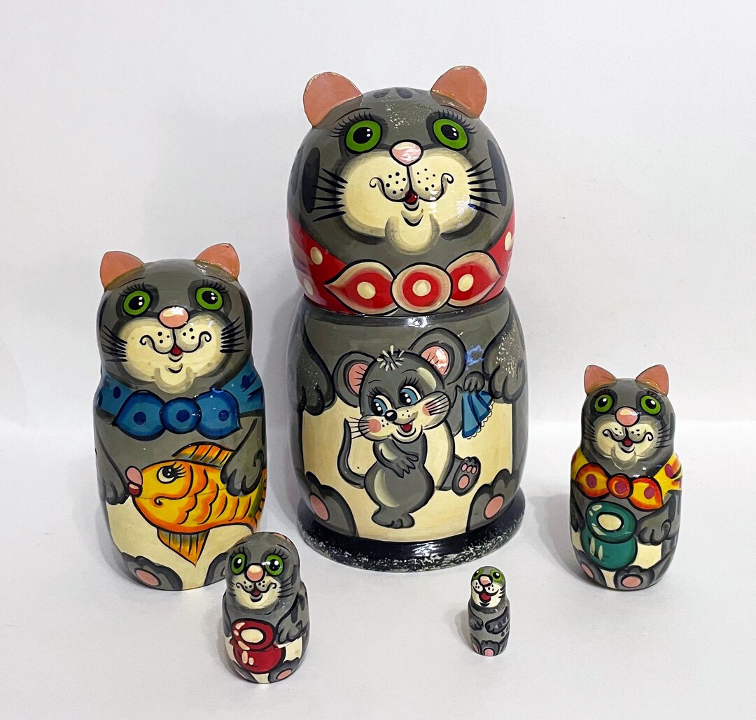 Cats Nesting Doll of 5, Cats Matryoshka of 5, Handmade Wooden Cats ...