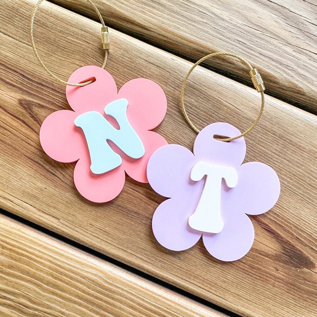 Daisy Acrylic Bag Tag, Groovy Letter Charm, Personalized Name Tag ...