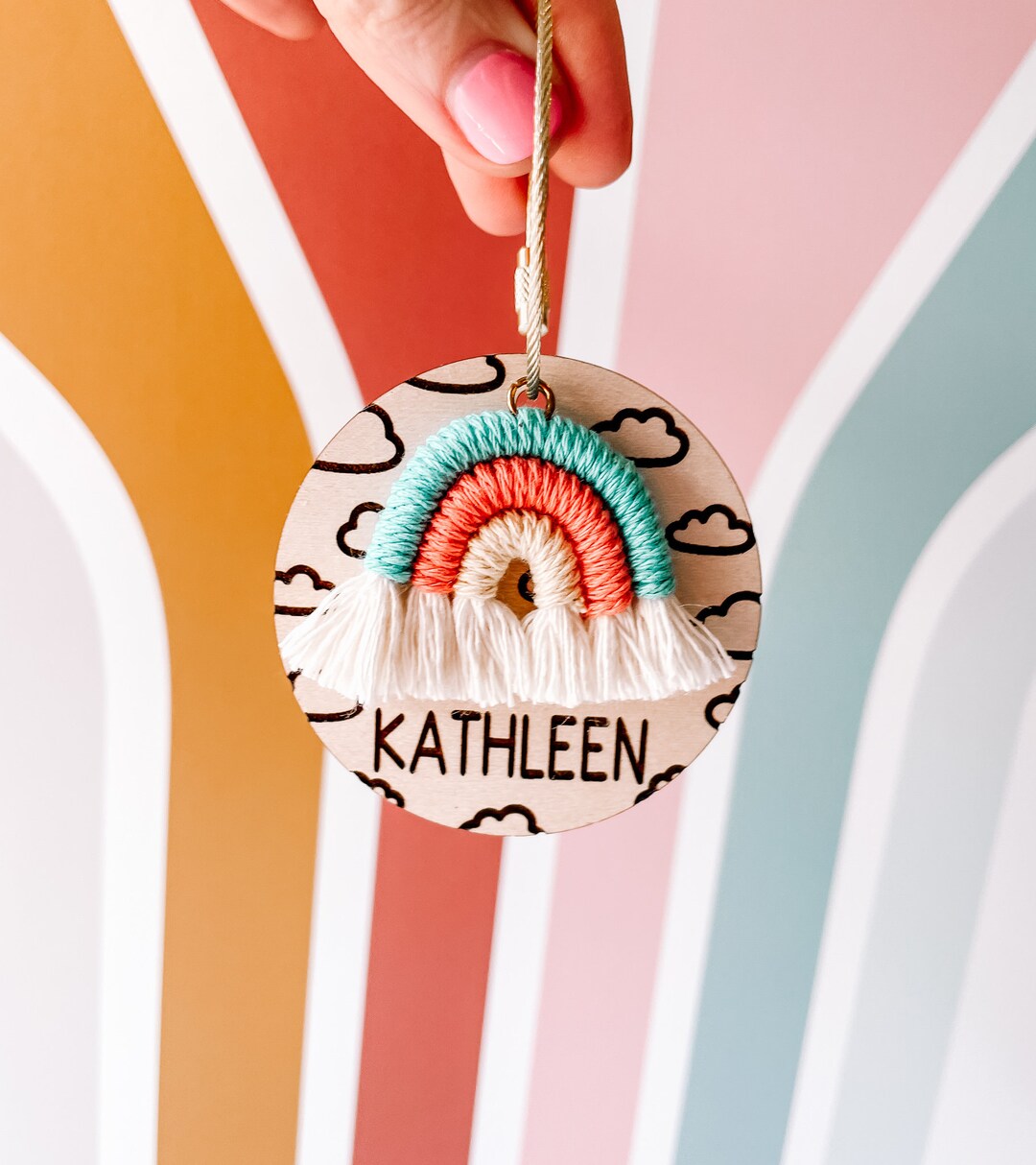 Mini Rainbow Backpack Name Tag, Boho Macrame Engraved Custom Keychain ...