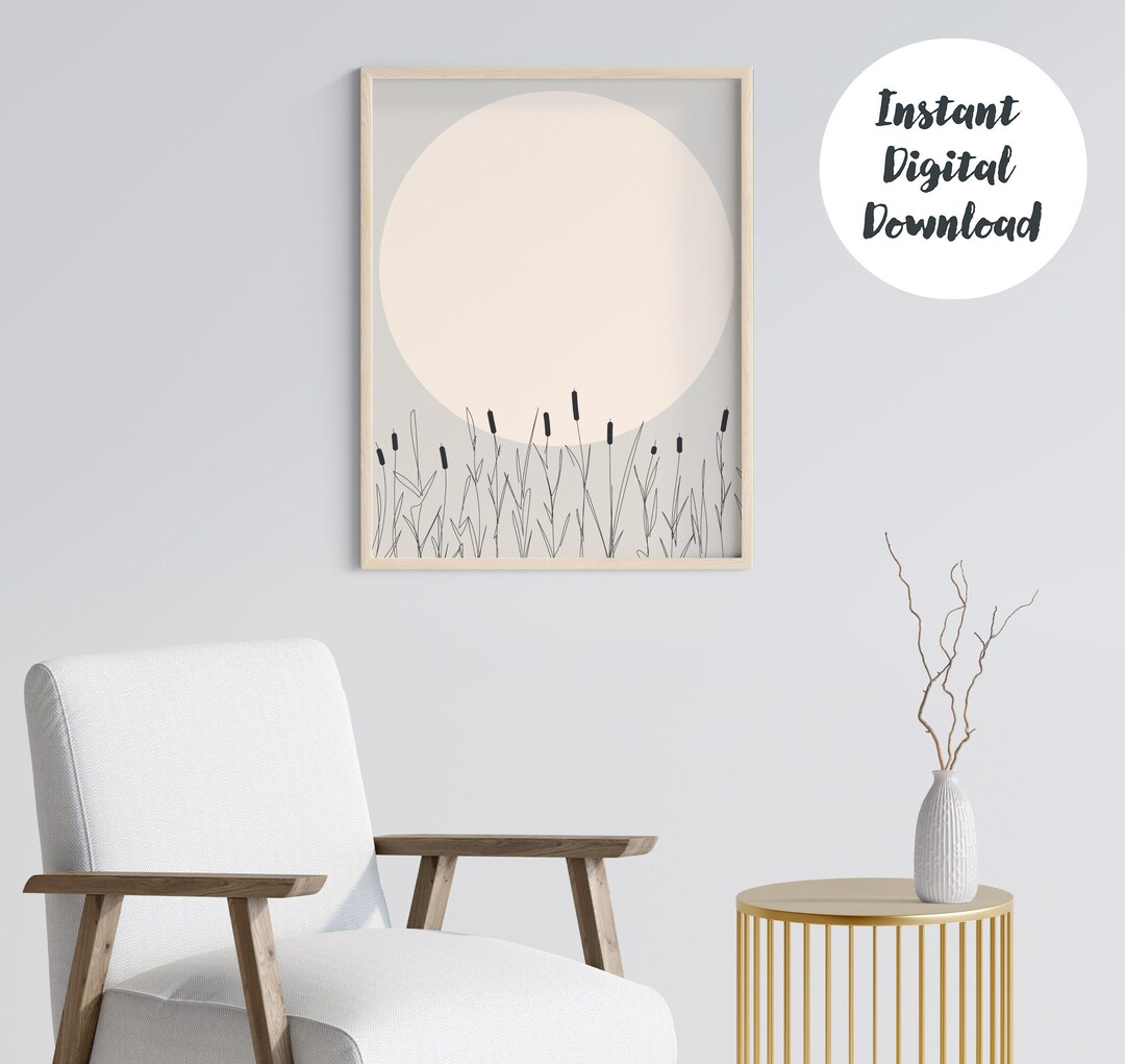 Original Cattail Line Art, Neutral Wall Art, Sunset Art Print, Digital ...