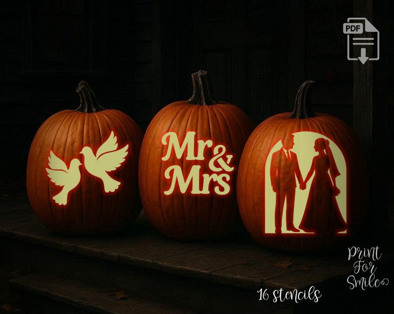 Wedding Engagement Pumpkin Carving Stencil Set Bride Groom, Mr & Mrs ...