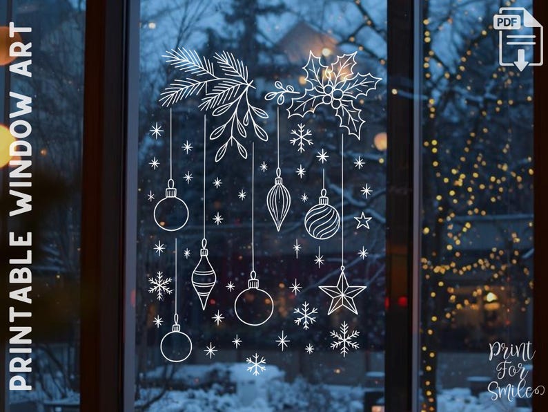 Snowflake & Bauble Window Art – Chalk Marker Christmas Scene, Stars and ...