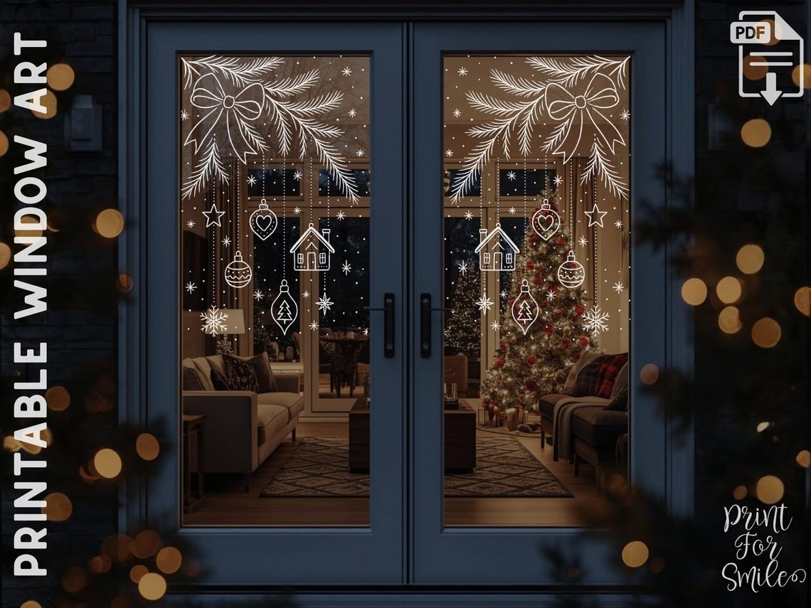 Duo Christmas Swag Window Art Template – Large Pine Branches & Hanging ...