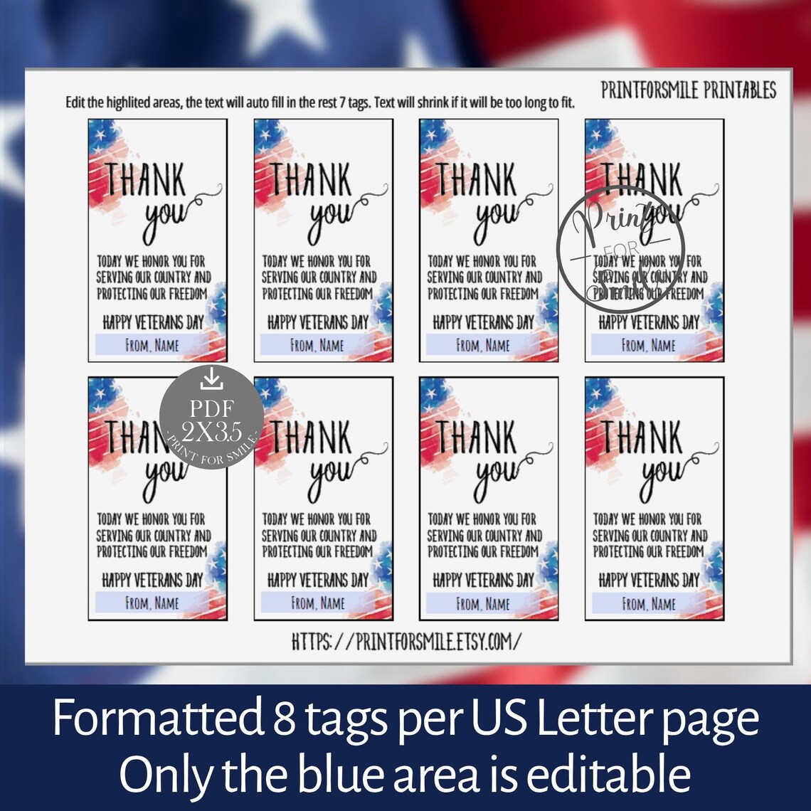 Editable Veterans Day Gift Tags Printable PDF Thank You Happy Military ...