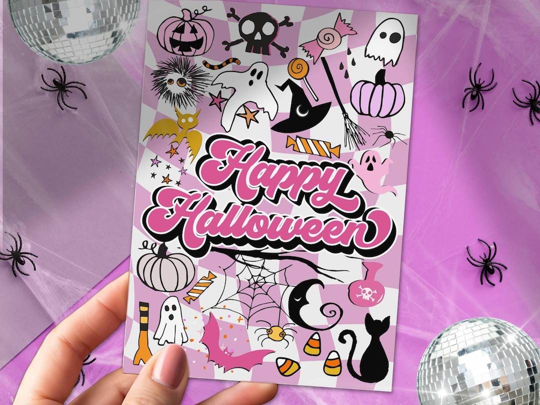 Pinkoween Happy Halloween Card PRINTABLE Groovy Retro Pink Cute Gift - Etsy