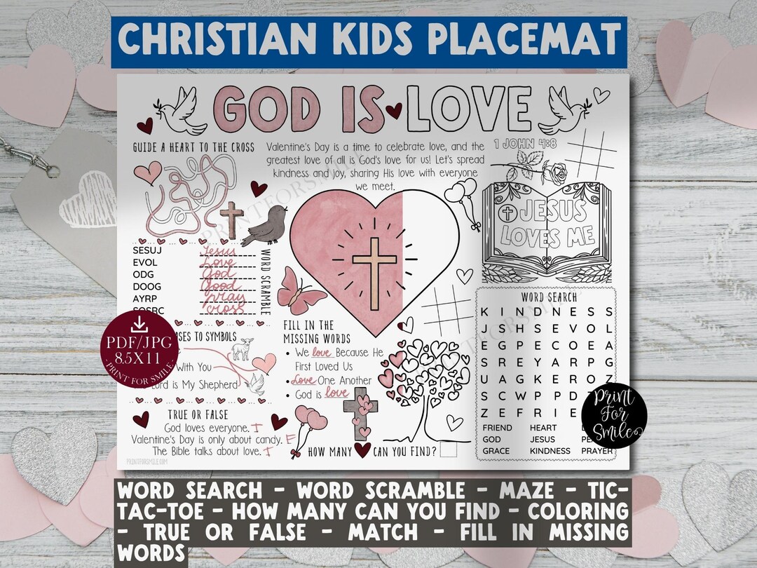 Christian Valentine's Day Activity Placemat PRINTABLE, Activity Sheet ...