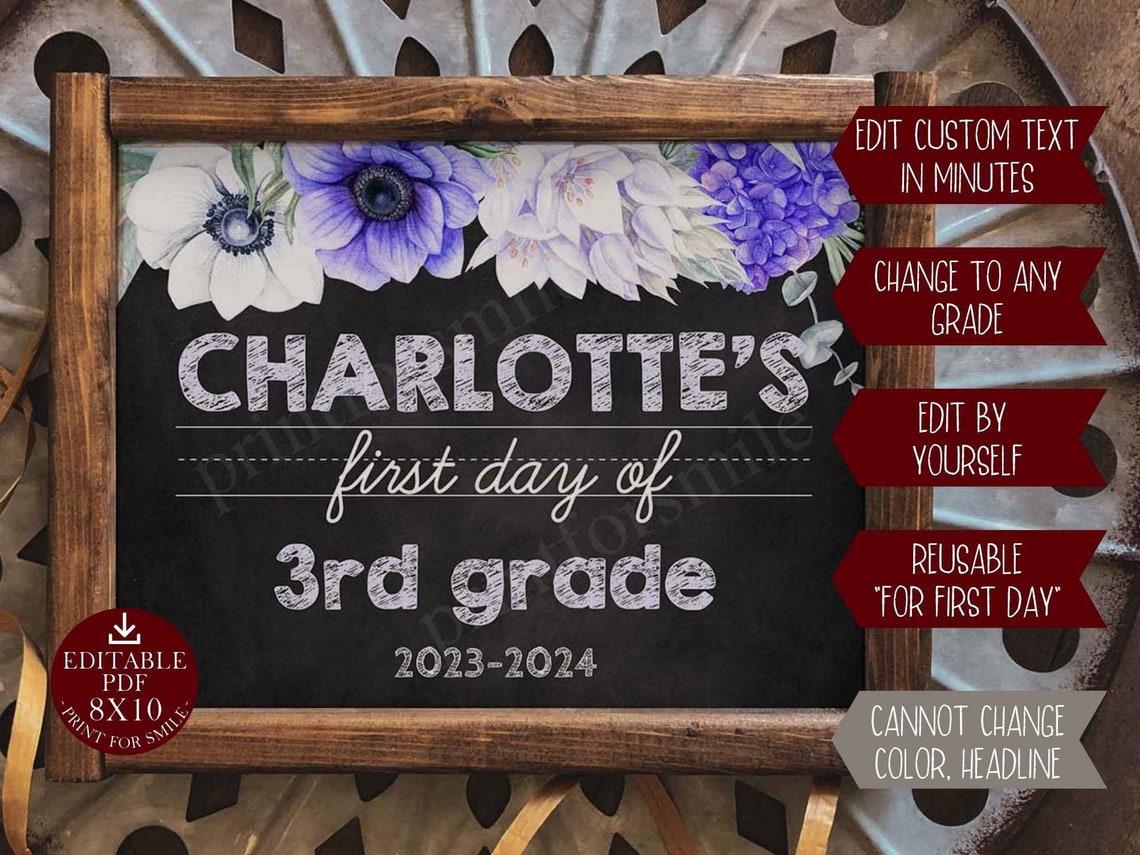 PRINTABLE Editable First Day of School Sign Girl PDF Template - Etsy
