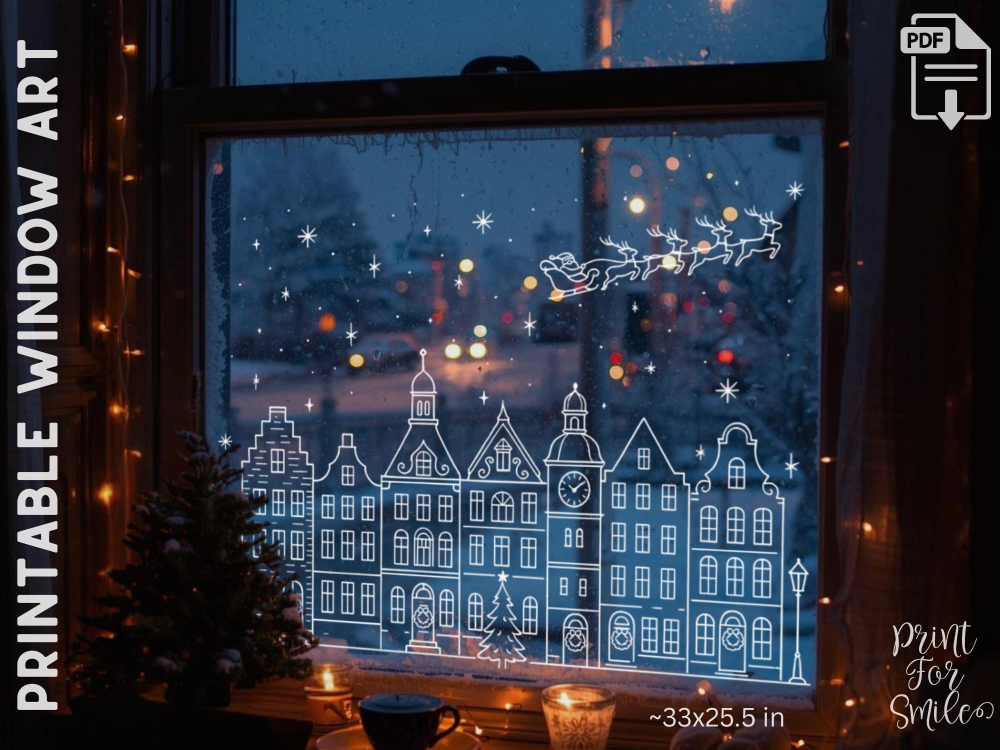 Christmas Village Scene Window Art Template – Santa Sleigh & Houses ...