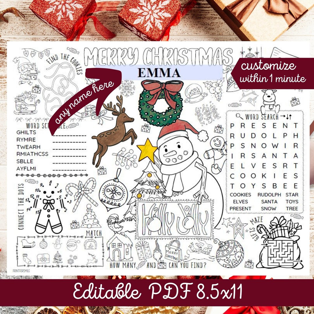 Christmas Coloring Placemats Kids PRINTABLE Personalized - Etsy