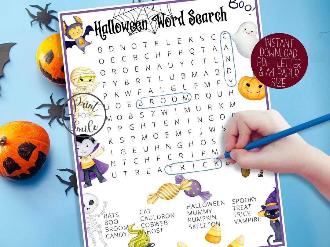 Halloween Word Search for Kids PRINTABLE With Cute Bat, Vampire ...