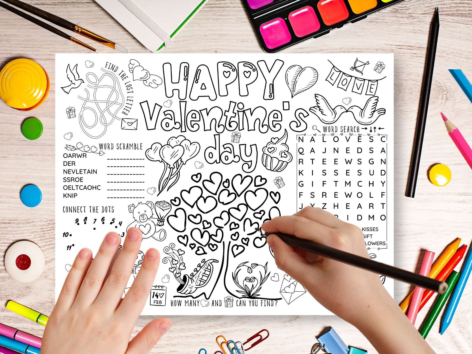 Valentines Day Placemat PRINTABLE Kids Activity Page Coloring Party - Etsy
