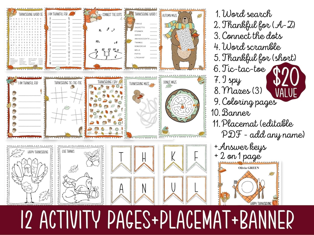 Thanksgiving Activities for Kids PRINTABLE Placemat Banner Word Search ...