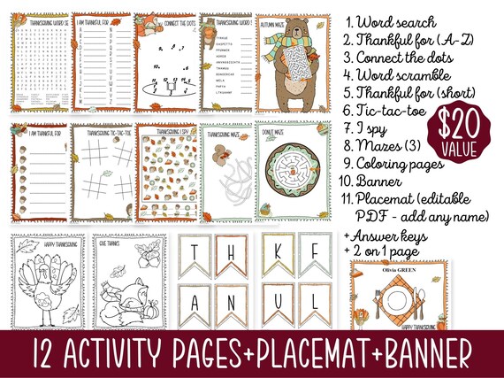 Thanksgiving Activities for Kids PRINTABLE Placemat Banner | Etsy